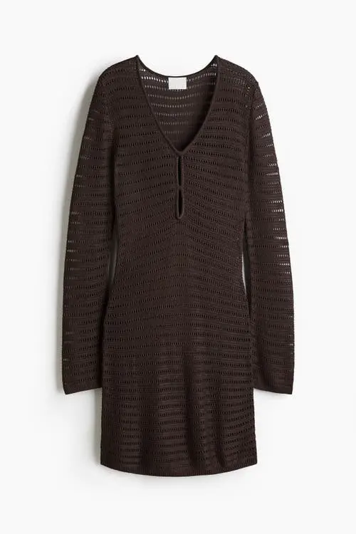 H&m Pointelle-knit V-neck Mini Dress With Trumpet Sleeves - Dark Brown