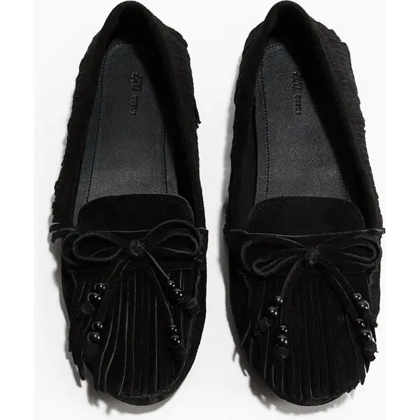 H&m Suede Loafers With Fringe And Beaded Bow Detailing - Black