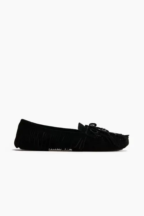 H&m Suede Loafers With Fringe And Beaded Bow Detailing - Black