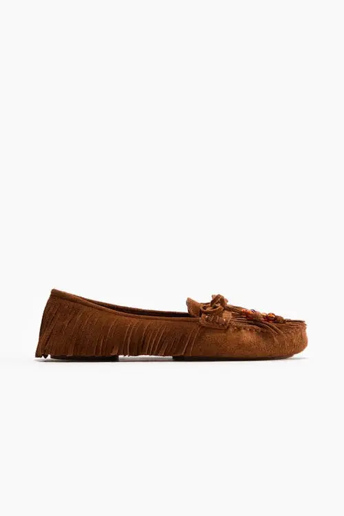 H&M Fringed Loafers With Beaded Bow Detailing