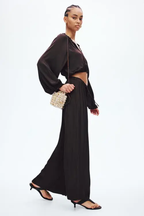 H&m Wide Leg Drawstring Trousers - Dark Brown