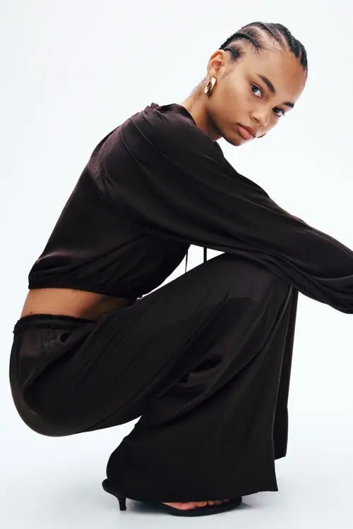H&m Wide Leg Drawstring Trousers - Dark Brown
