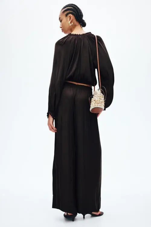 H&m Wide Leg Drawstring Trousers - Dark Brown
