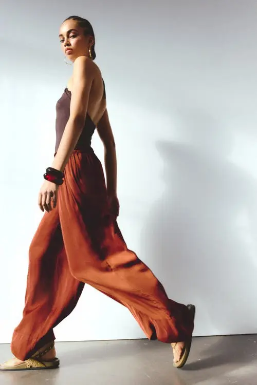 H&m Wide Leg Drawstring Trousers - Rust Brown