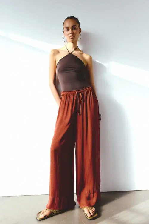 H&m Wide Leg Drawstring Trousers - Rust Brown