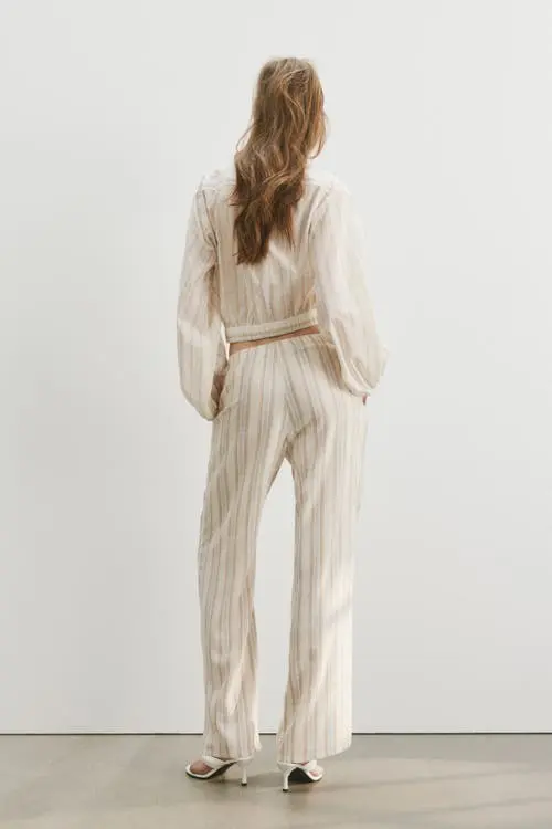 H&m Wide Leg Linen-blend Trousers - White/striped