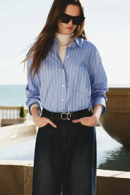 H&m Oversized Poplin Striped Shirt - Blue/striped