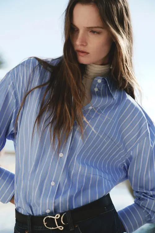 H&m Oversized Poplin Striped Shirt - Blue/striped