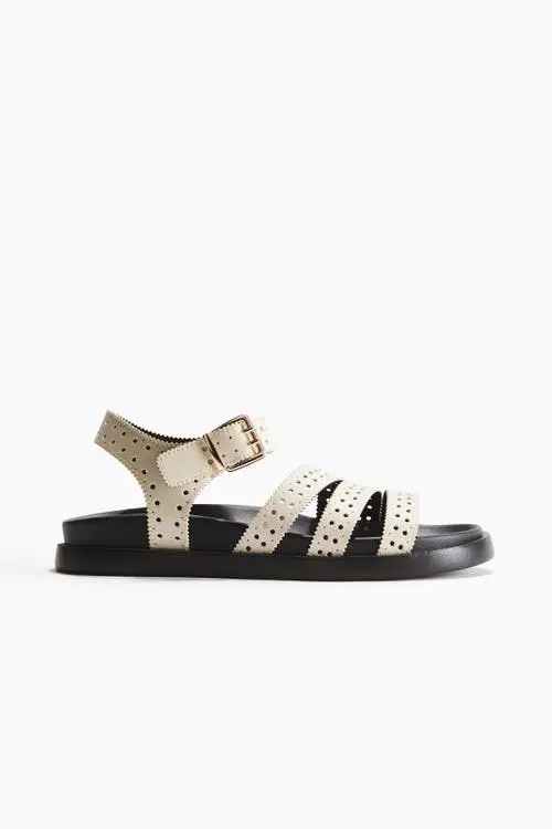 H&m Strappy Sandals With Perforated Design And Buckle Ankle Strap - Cream