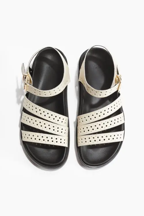 H&m Strappy Sandals With Perforated Design And Buckle Ankle Strap - Cream