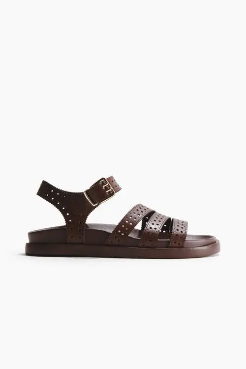 H&m Strappy Sandals With Perforated Design And Buckle Ankle Strap - Dark Brown