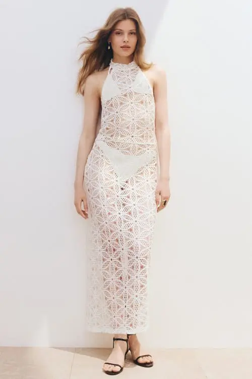 H&m Floral Lace Halterneck Maxi Dress - Ivory