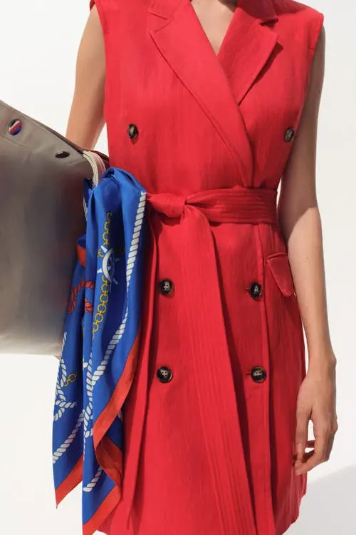 H&m Sleeveless Linen-blend Blazer Dress With Tie Belt - Red