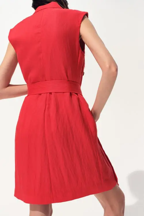 H&m Sleeveless Linen-blend Blazer Dress With Tie Belt - Red