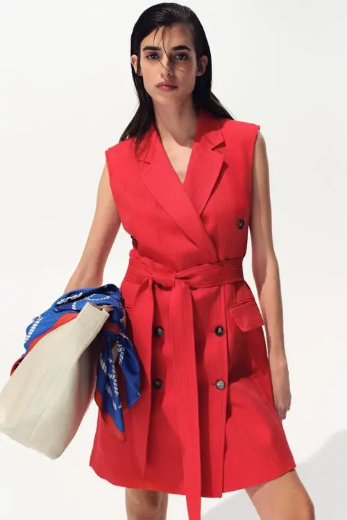 H&m Sleeveless Linen-blend Blazer Dress With Tie Belt - Red