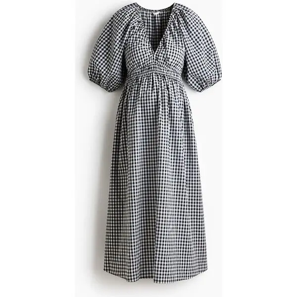 H&m Mama Balloon-sleeved Midi Dress - Black/gingham