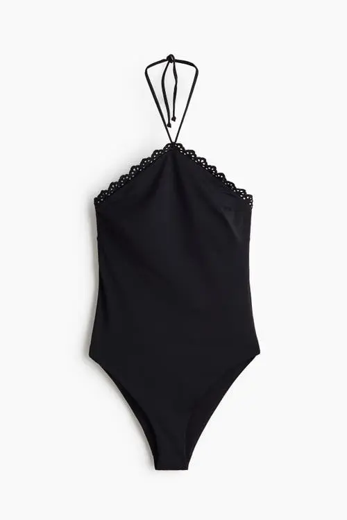 H&m Padded-cup Halterneck Swimsuit With Scalloped Trim