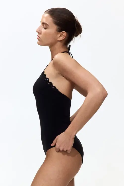 H&m Padded-cup Halterneck Swimsuit With Scalloped Trim