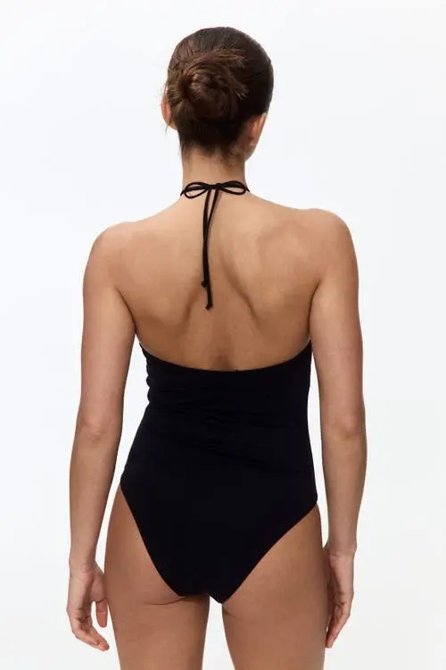 H&m Padded-cup Halterneck Swimsuit With Scalloped Trim