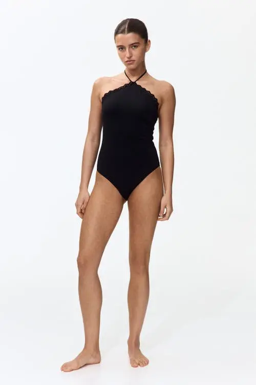 H&m Padded-cup Halterneck Swimsuit With Scalloped Trim