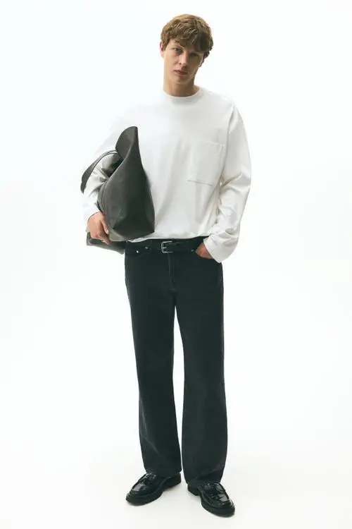 H&m Loose Fit Long-sleeved Jersey Top With Chest Pocket - White
