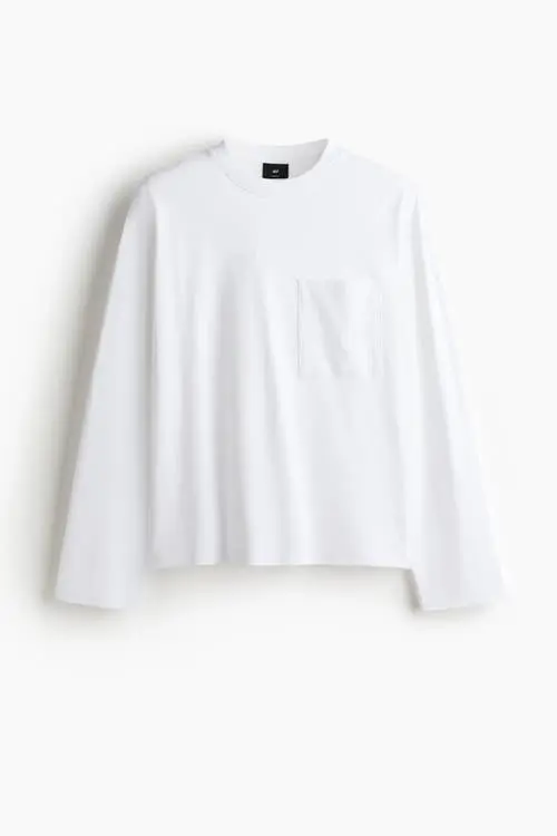 H&m Loose Fit Long-sleeved Jersey Top With Chest Pocket - White