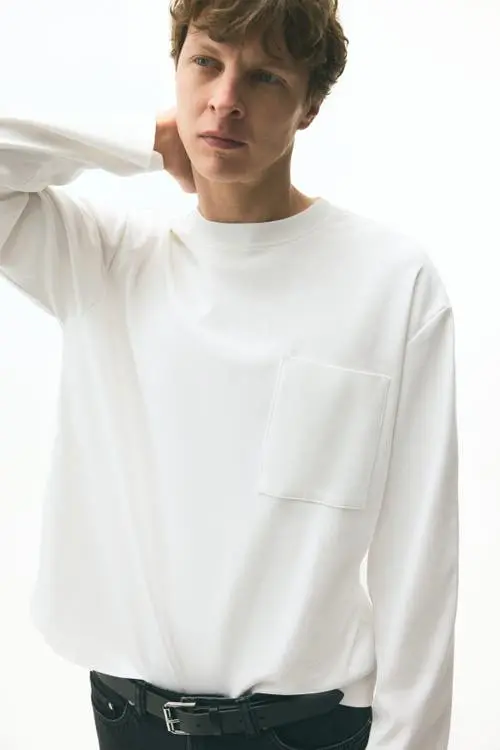 H&m Loose Fit Long-sleeved Jersey Top With Chest Pocket - White
