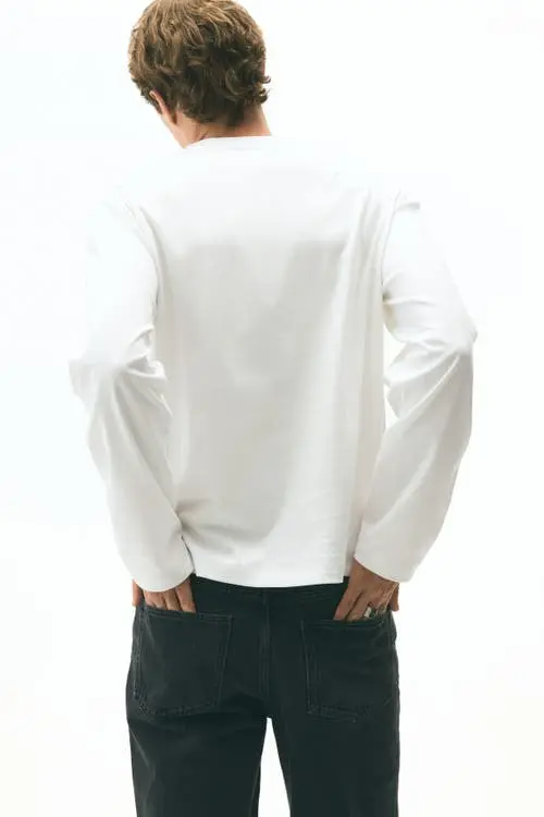 H&m Loose Fit Long-sleeved Jersey Top With Chest Pocket - White
