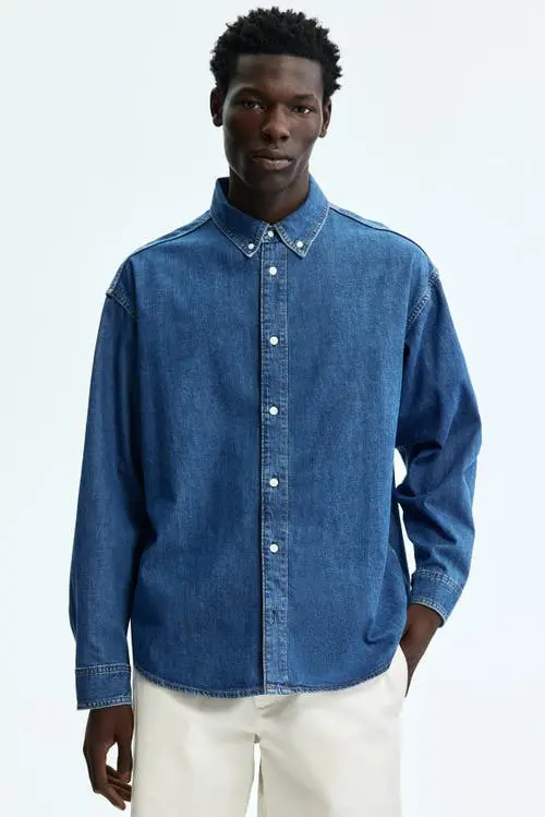 H&m Oversized Fit Denim Shirt - Denim Blue