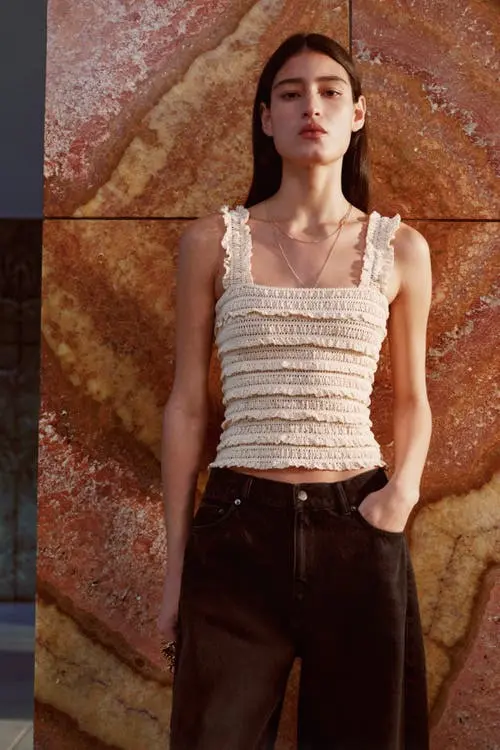 H&m Lace Jersey Sleeveless Top With Frill Trims - White