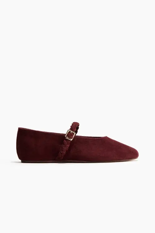 H&m Mary Jane Ballet Flats With Braided Strap - Burgundy