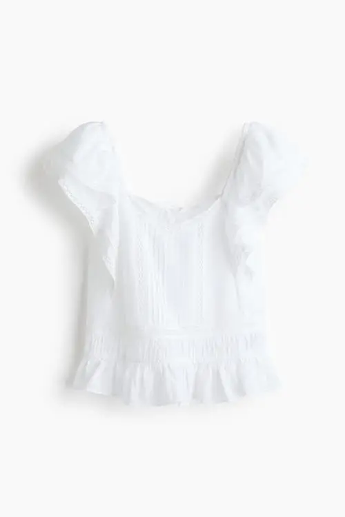 H&m Lace-trimmed Viscose & Cotton Blend Blouse - White