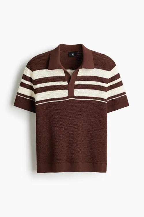 H&m Regular Fit Pointelle-knit Polo Shirt - Dark Brown