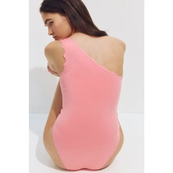 H&m One-shoulder Padded-cup Swimsuit With Scalloped Edges - Pink