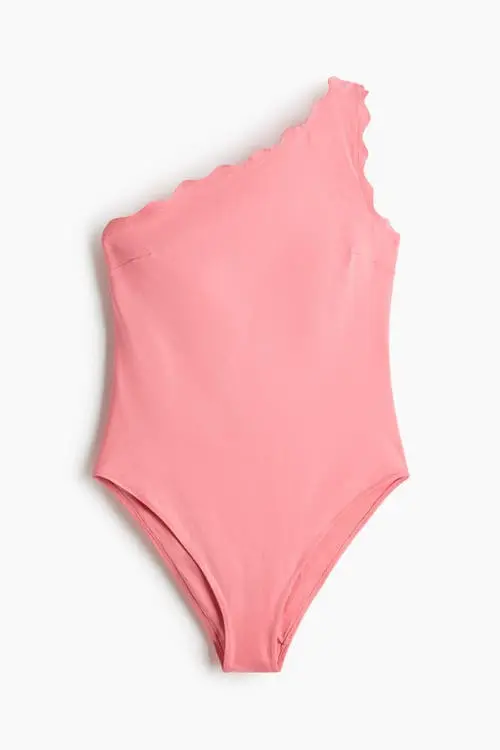 H&m One-shoulder Padded-cup Swimsuit With Scalloped Edges