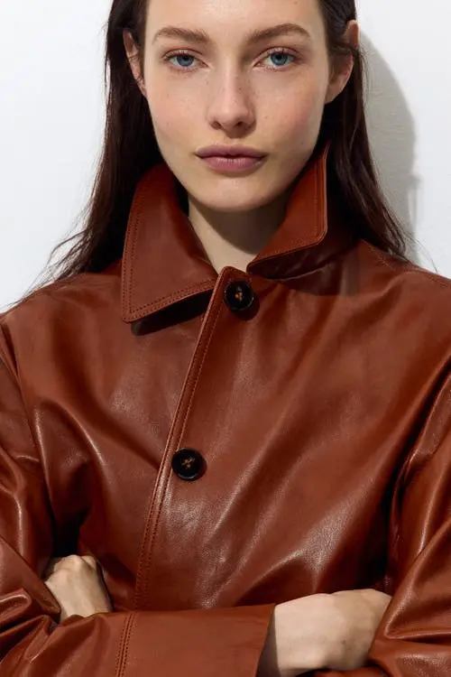 H&m Short Leather Jacket With Button Front And Patch Pockets