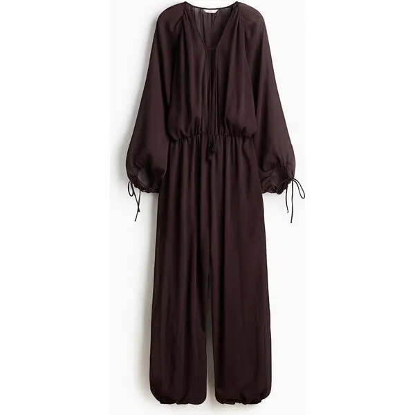 H&m Oversized Crinkled Chiffon Jumpsuit With Balloon Sleeves And Tassel Ties - Dark Brown
