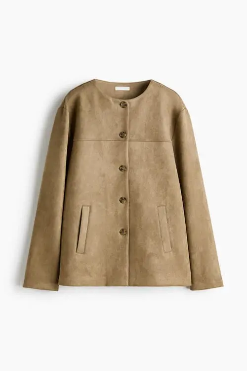 H&m Napped Finish Round Neck Jacket - Beige