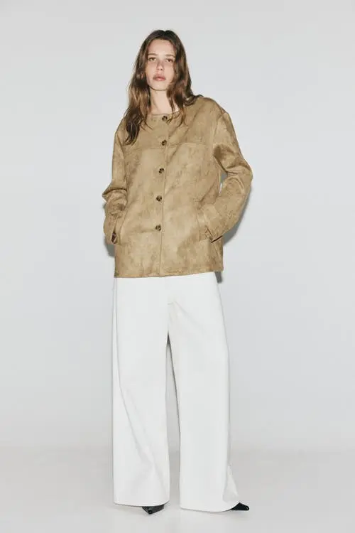 H&m Napped Finish Round Neck Jacket - Beige
