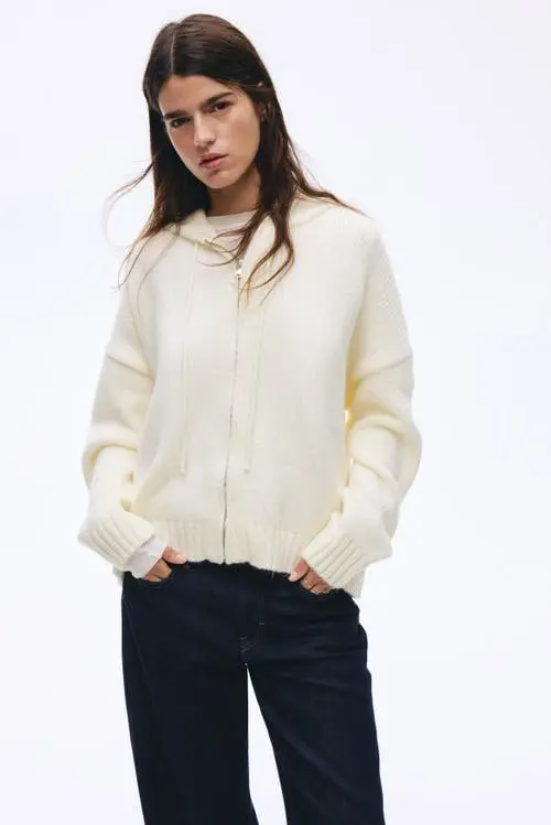 H&M Knitted Zip-through Hoodie With Drawstring Hood