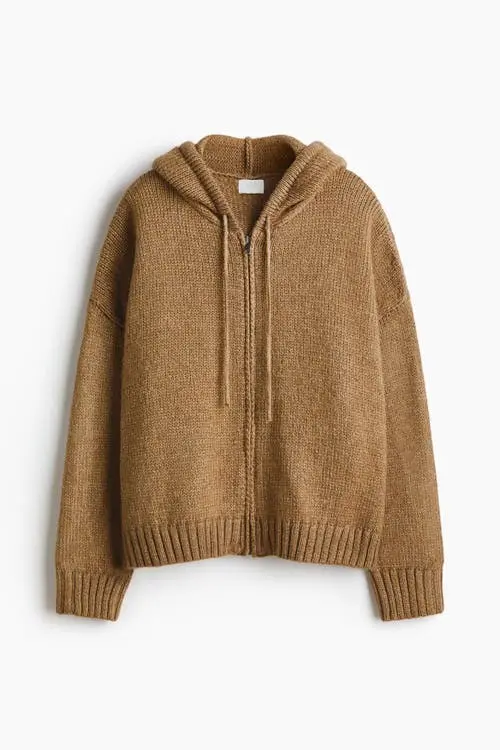 H&m Knitted Zip-through Hoodie - Dark Beige