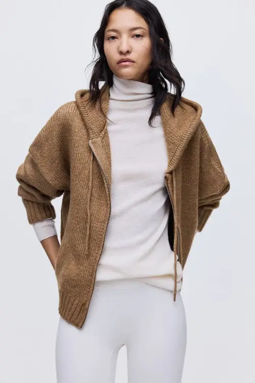 H&m Knitted Zip-through Hoodie With Drawstring Hood - Dark Beige