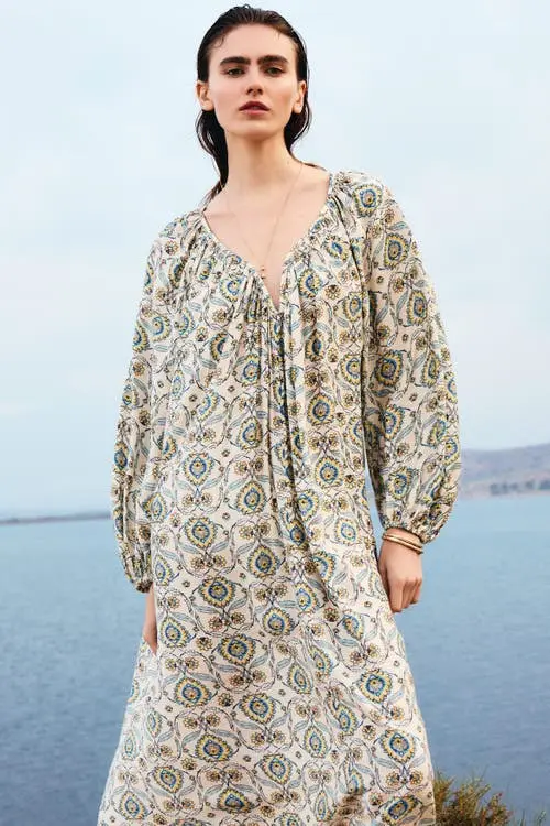 H&m Long Oversized Tunic Dress With Sweetheart Neckline And Balloon Sleeves - Light Beige/patterned