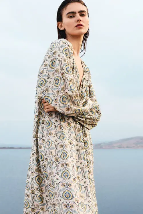 H&m Long Oversized Tunic Dress With Sweetheart Neckline And Balloon Sleeves