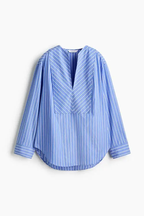 H&m Oversized Cotton Shirt With V-neckline And Bib Front