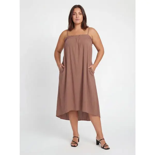 24SEVEN COMFORT APPAREL Smocked A-line Maxi Dress With Spaghetti Straps - Mocha