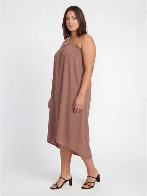 24SEVEN COMFORT APPAREL Smocked A-line Maxi Dress With Spaghetti Straps - Mocha