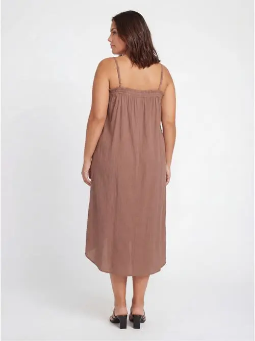 24SEVEN COMFORT APPAREL Smocked A-line Maxi Dress With Spaghetti Straps - Mocha