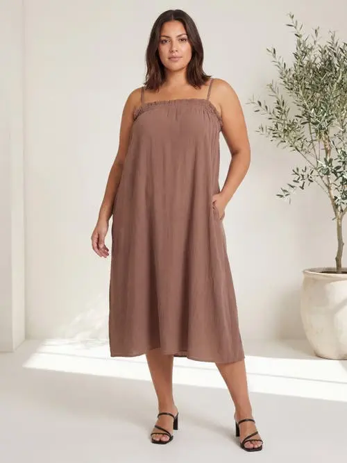 24SEVEN COMFORT APPAREL Smocked A-line Maxi Dress With Spaghetti Straps - Mocha