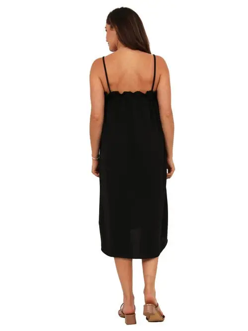 24SEVEN COMFORT APPAREL Spaghetti Strap Smocked A-line Maxi Dress - Black